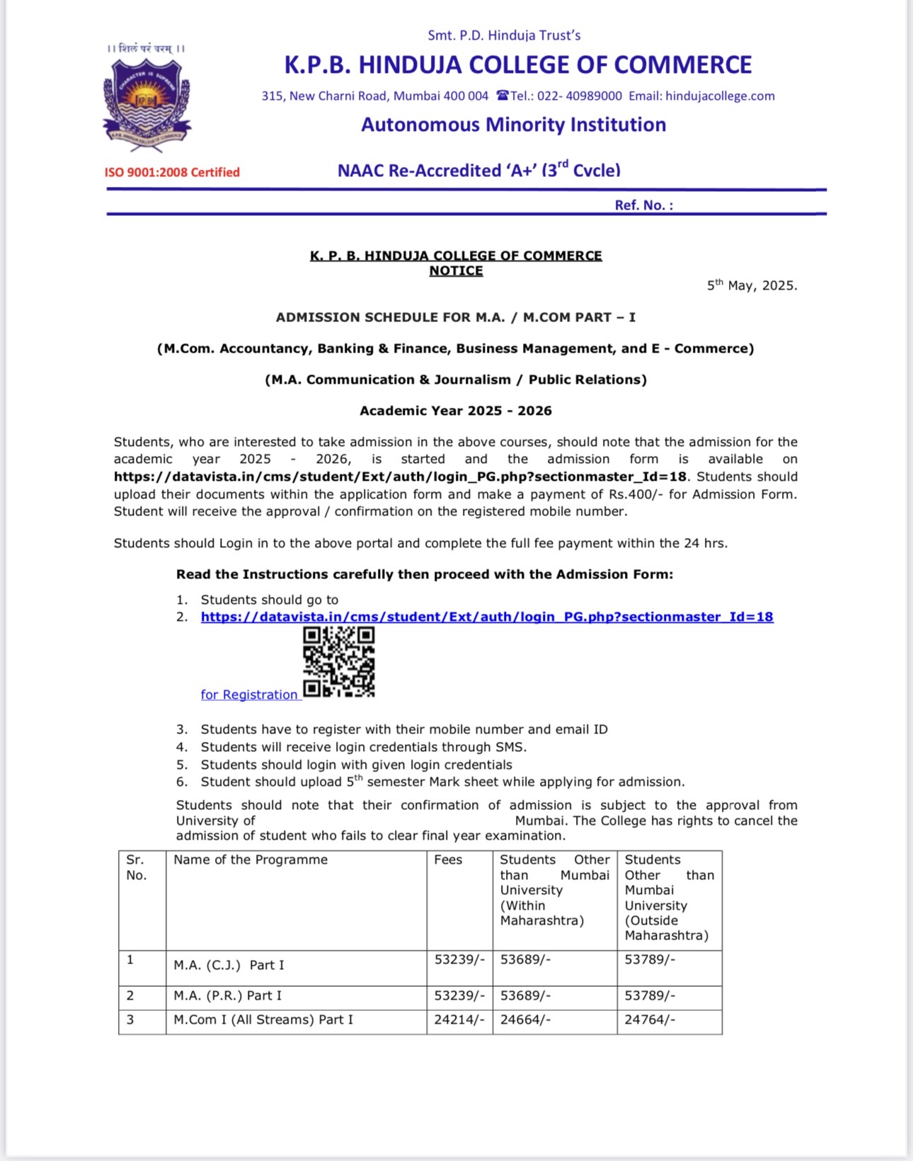 Hinduja College of Commerce || New Notice Section